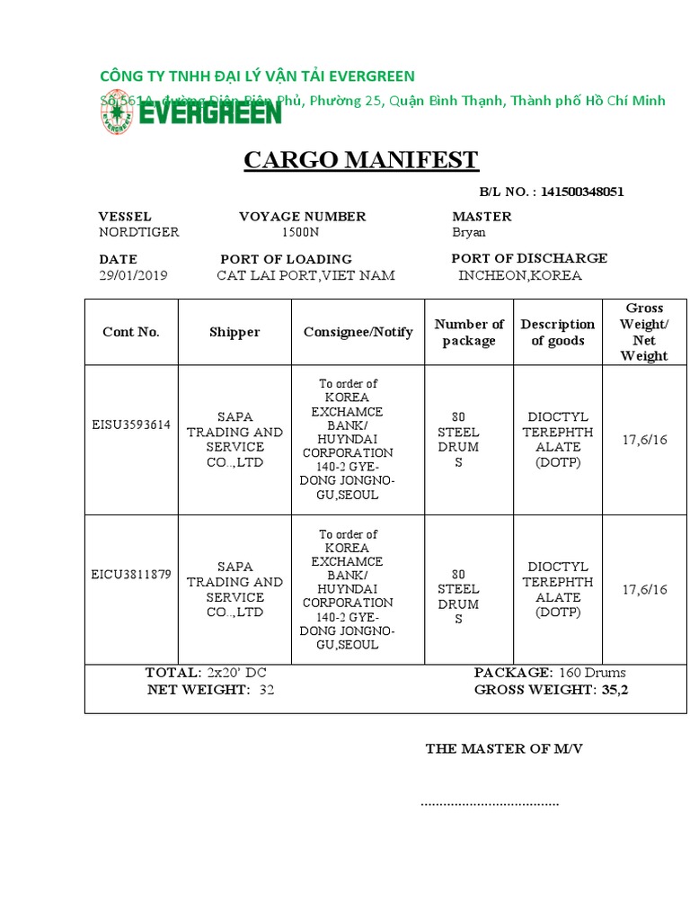 Cargo Manifest: Công Ty Tnhh Đại Lý Vận Tải Evergreen | Download Free ...