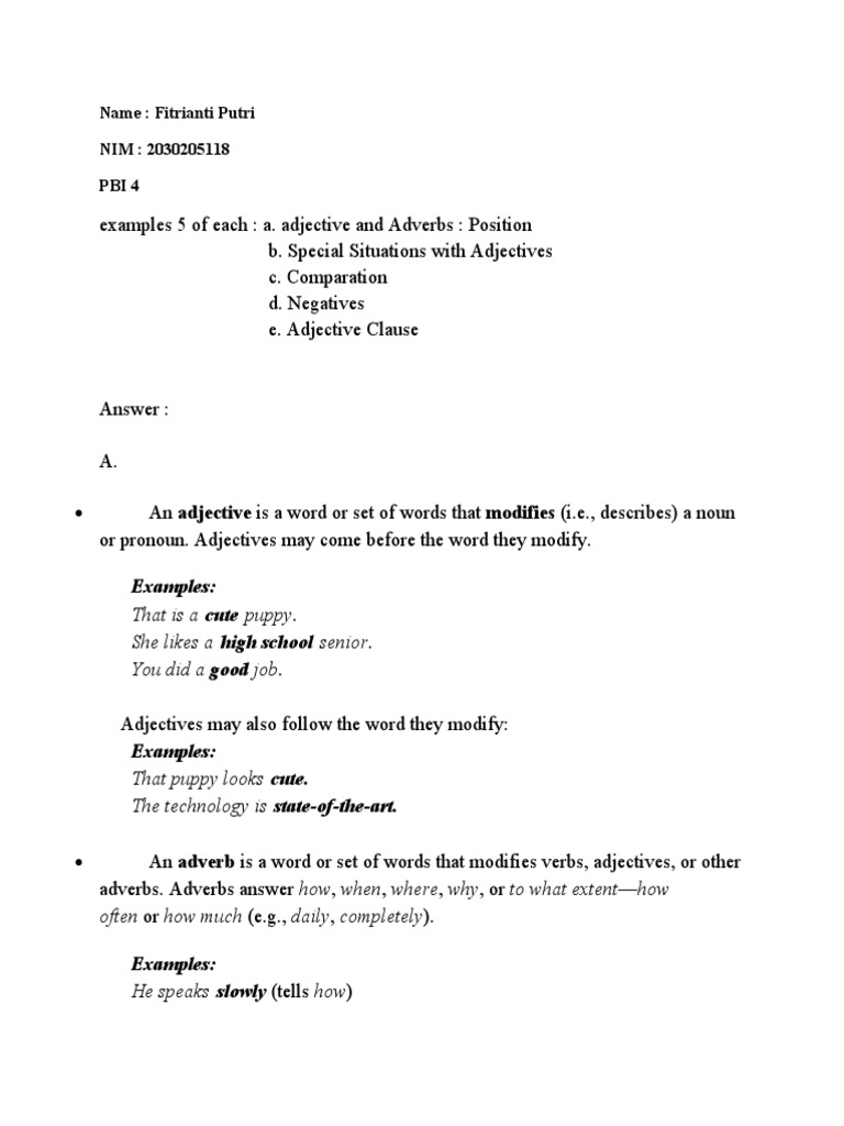 PBI 4: Adjectives and Adverbs Guide | PDF | Career & Growth | Language ...