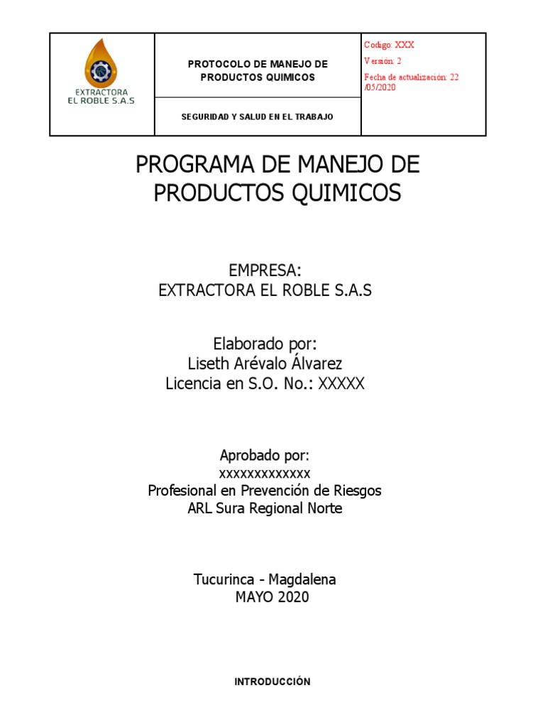 Programa de Manejo de Productos Quimicos 2020 | PDF | Mercancías ...