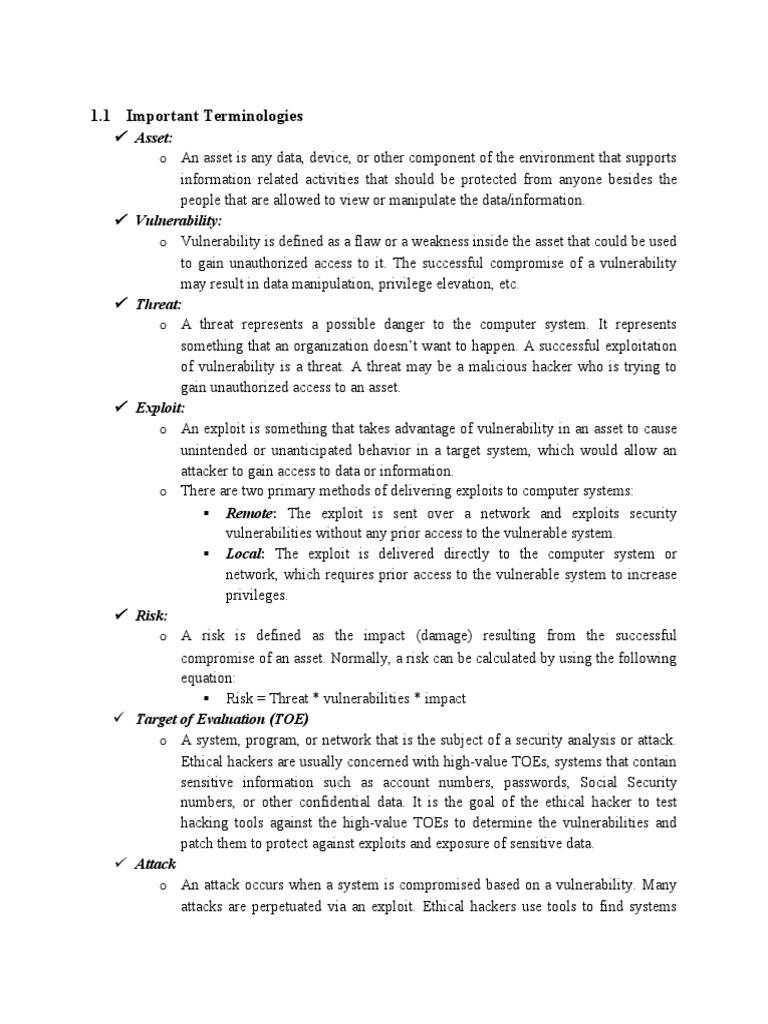 Ethical Hacking Terminologies | PDF | Exploit (Computer Security) | Vulnerability (Computing)