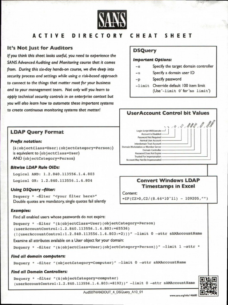 Active Directory Cheat Sheet: It'S Not Just For Auditors Dsquery | PDF ...