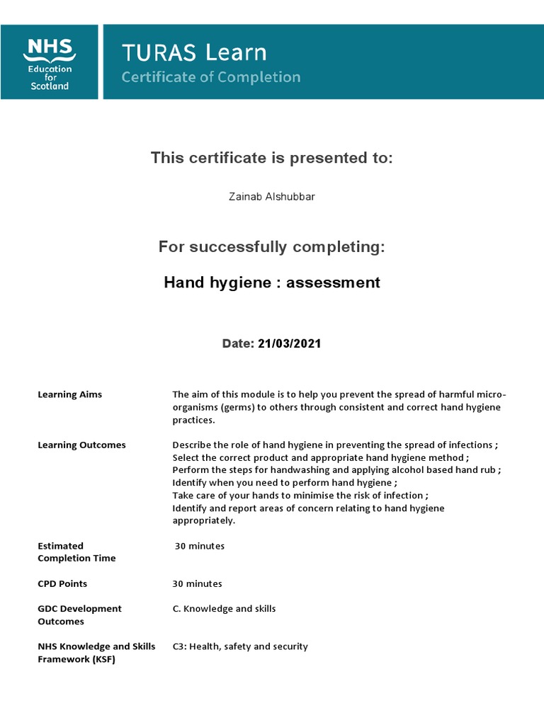Certificate of Completion Hand Hygiene Assessment | PDF