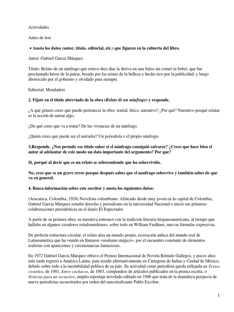 Actividades sobre "Relato de un náufrago" | PDF | Gabriel García Márquez
