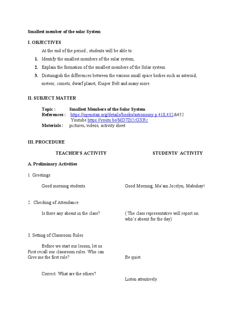 Lesson Plan in Astronomy | PDF | Meteoroid | Solar System