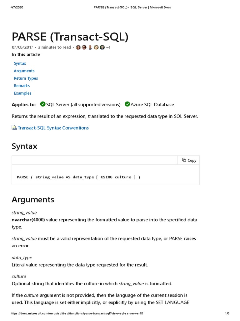 Lectura 1 - PARSE (Transact-SQL) - SQL Server - Microsoft Docs | PDF | Parameter (Computer ...
