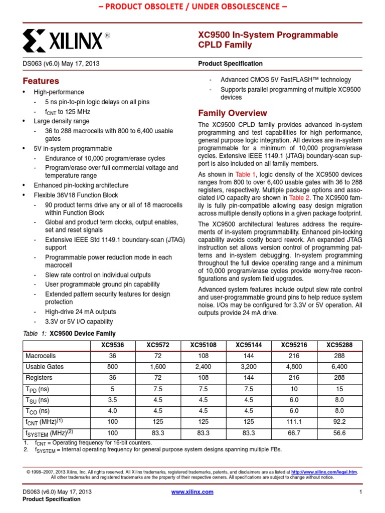 XC9500 In-System Programmable CPLD Family: Product Specification | PDF ...