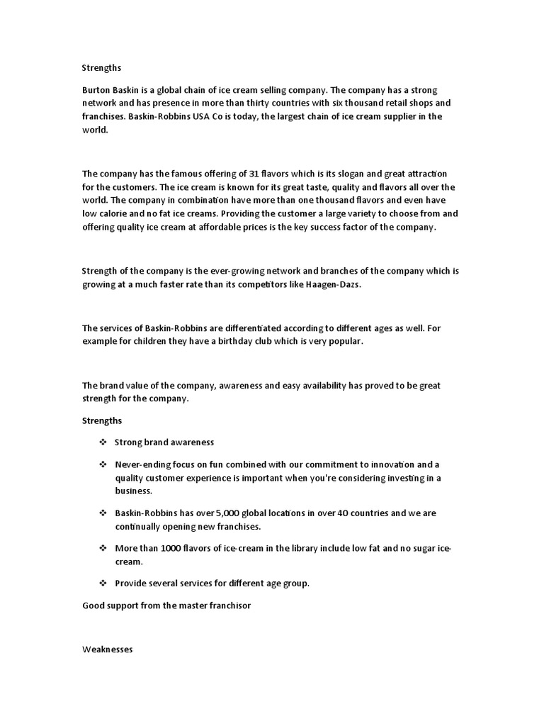 Baskin-Robbins SWOT Analysis | PDF | Ice Cream | Franchising