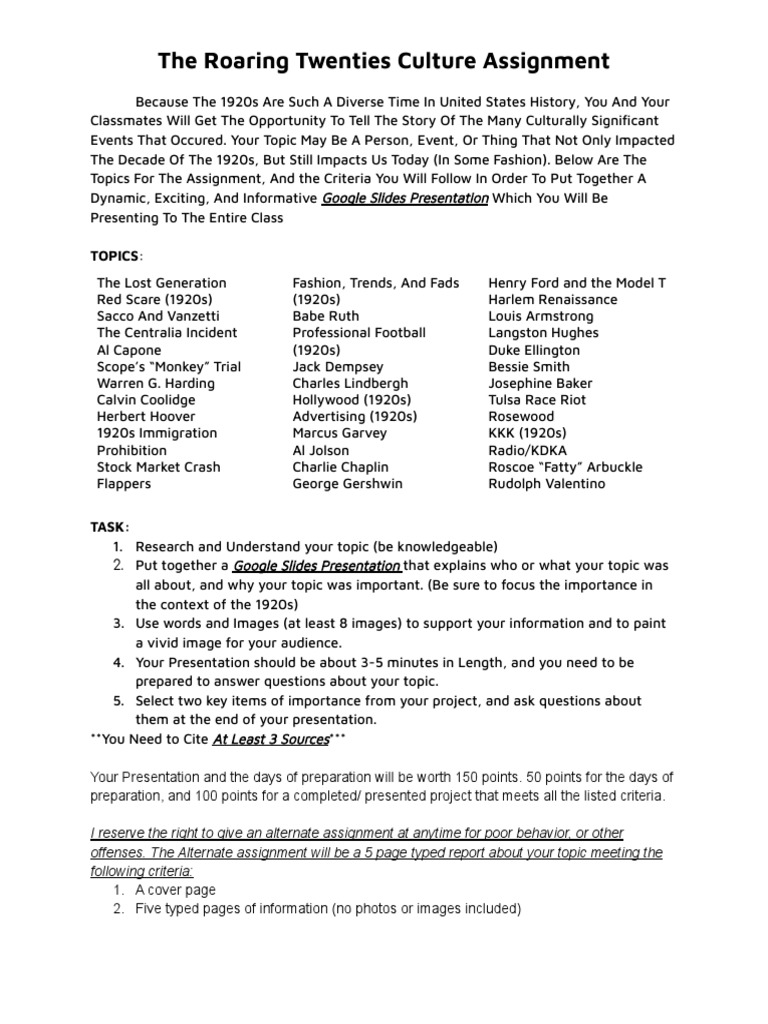 The Roaring 20s Culture Assignment | PDF | Roaring Twenties