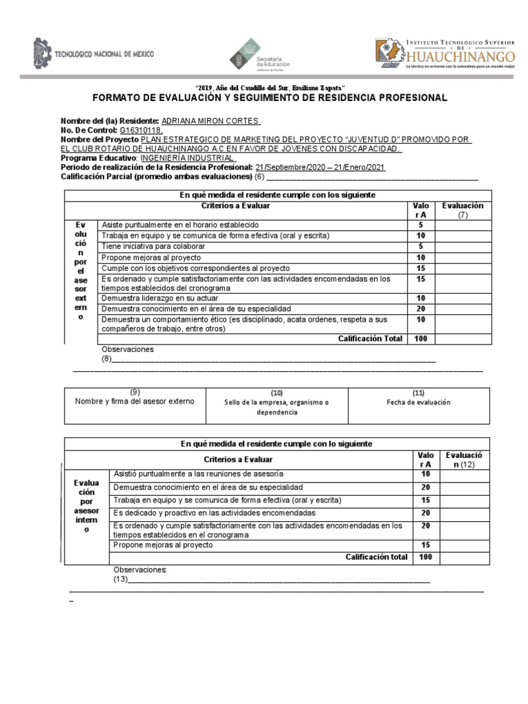 Itsh-Vi-po-005-12 Formato de Evaluacion y Seguimiento de Residencia Profesional | PDF | Business