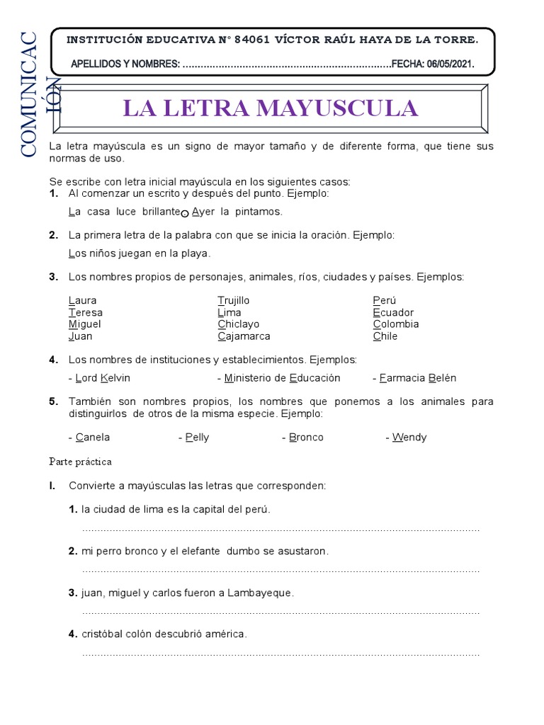 Uso De La Letra Mayuscula Para Tercero De Primaria