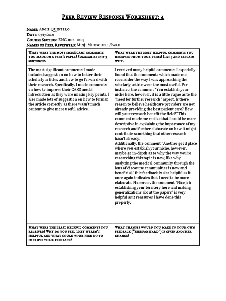 Peer Review Feedback Insights Worksheet | PDF | Peer Review | Science