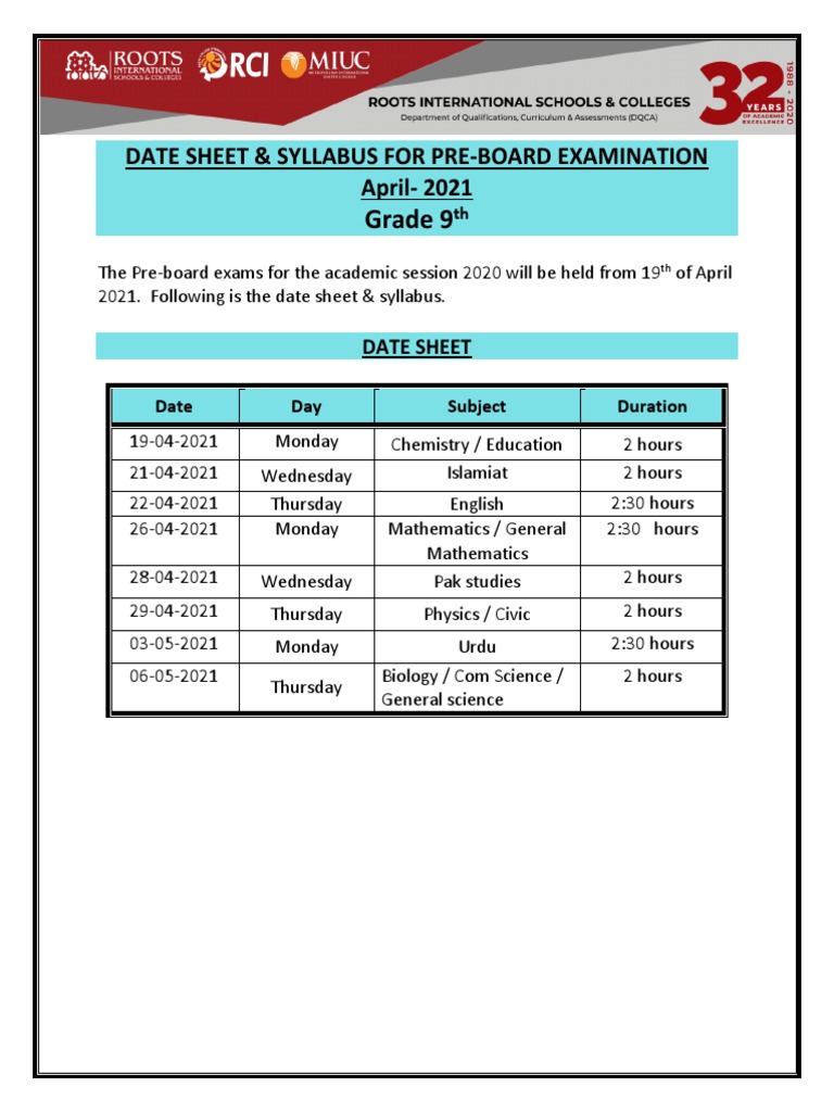 Grade 9th Date Sheet, Pre-Board 2021 | PDF | Test (Assessment) | Test ...
