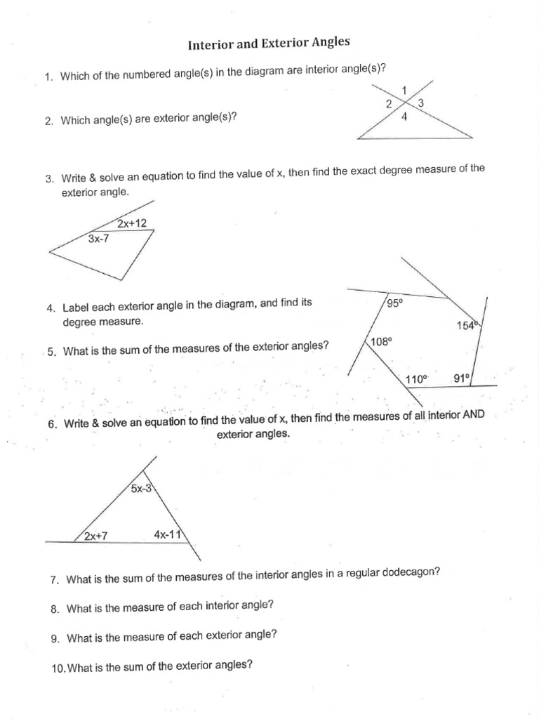 Interior and Exterior Angles Worksheet | PDF