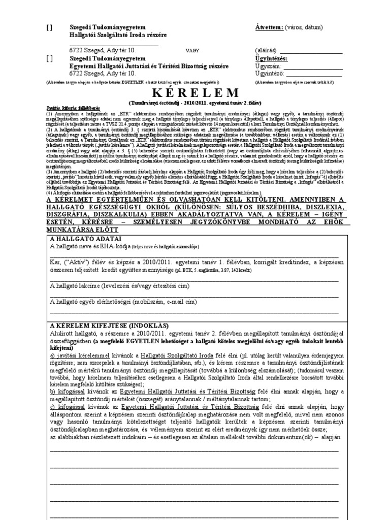 Tanulmányi Ösztöndíj Kérelem (Minta) | PDF