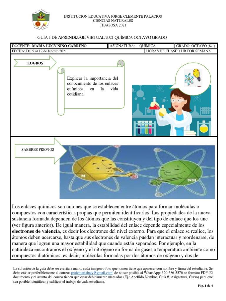 Guía 1 de Aprendizaje Virtual 2021 Química Grado Octavo | PDF | Enlace ...