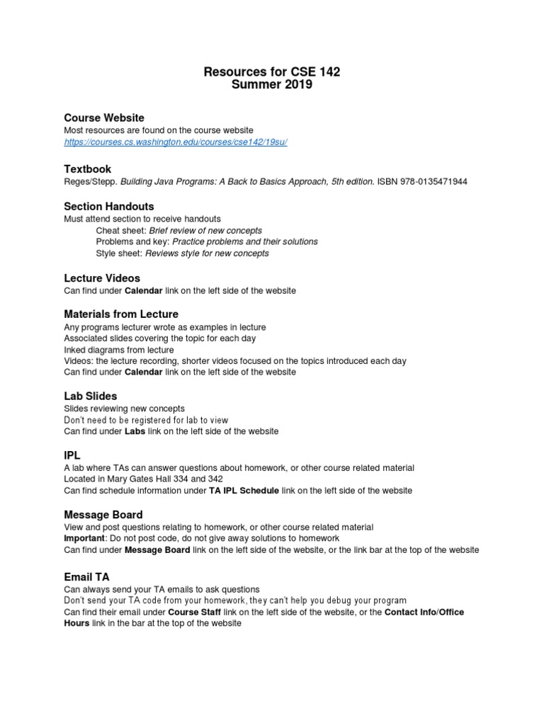 Resources For CSE 142 Summer 2019: Course Website | Download Free PDF ...