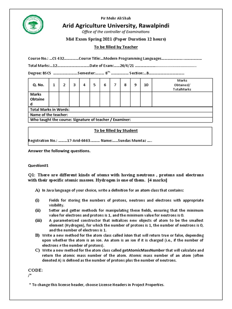 Sundas Mumtaz (17-Arid-6463) MPL | PDF | Atoms | Proton