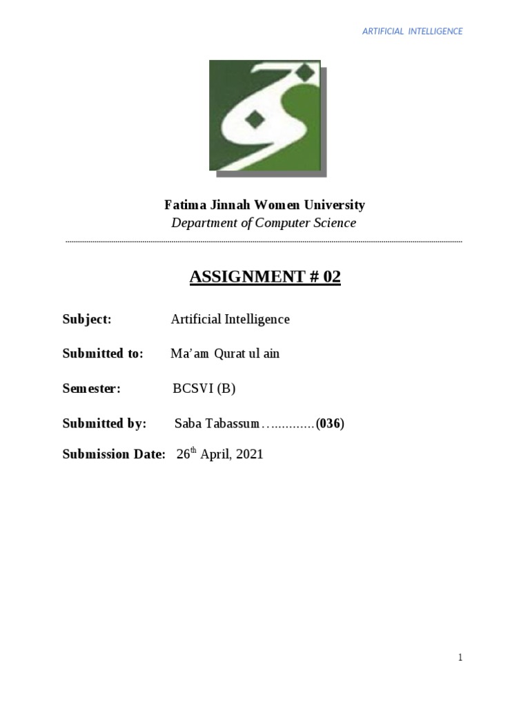 Assignment # 02: Fatima Jinnah Women University | PDF | Mathematical ...