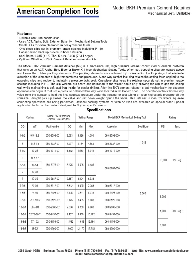 Model BKR Premium Cement Retainer - Mechanical Set | PDF | Casing ...