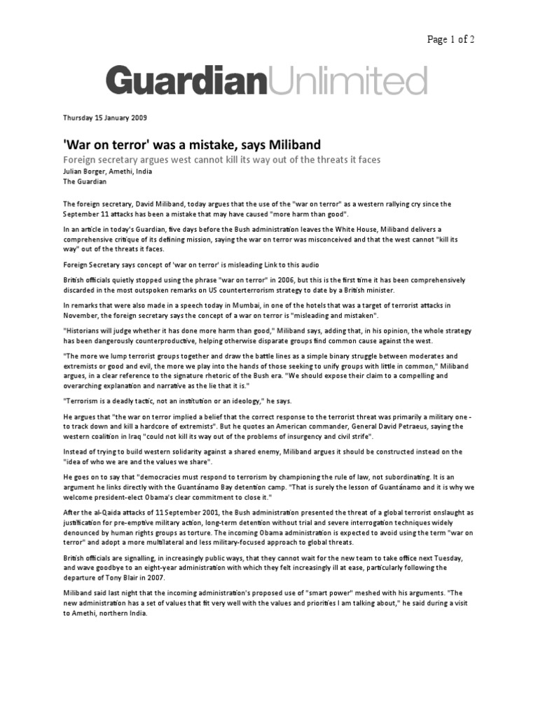 01-15-08 Guardian-'War On Terror' Was A Mistake, Says Miliband Julian ...