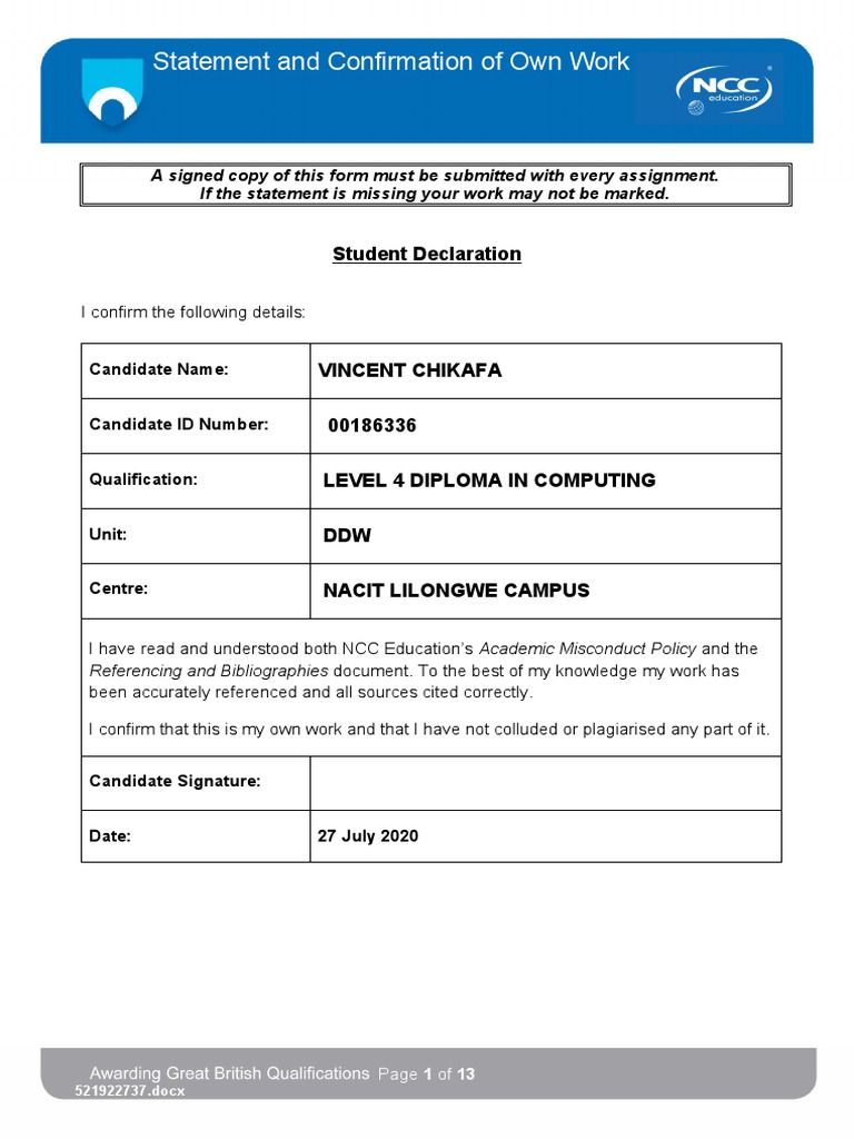 Statement and Confirmation of Own Work: Student Declaration | PDF ...