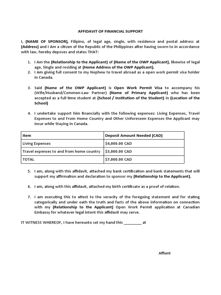 Affidavit Of Financial Support Letter