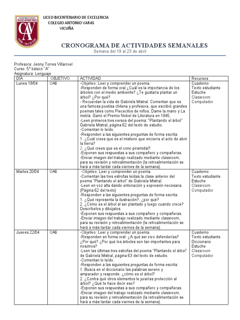 Actividades Semanales Lenguaje 5° Básico | PDF | Poesía | Idiomas