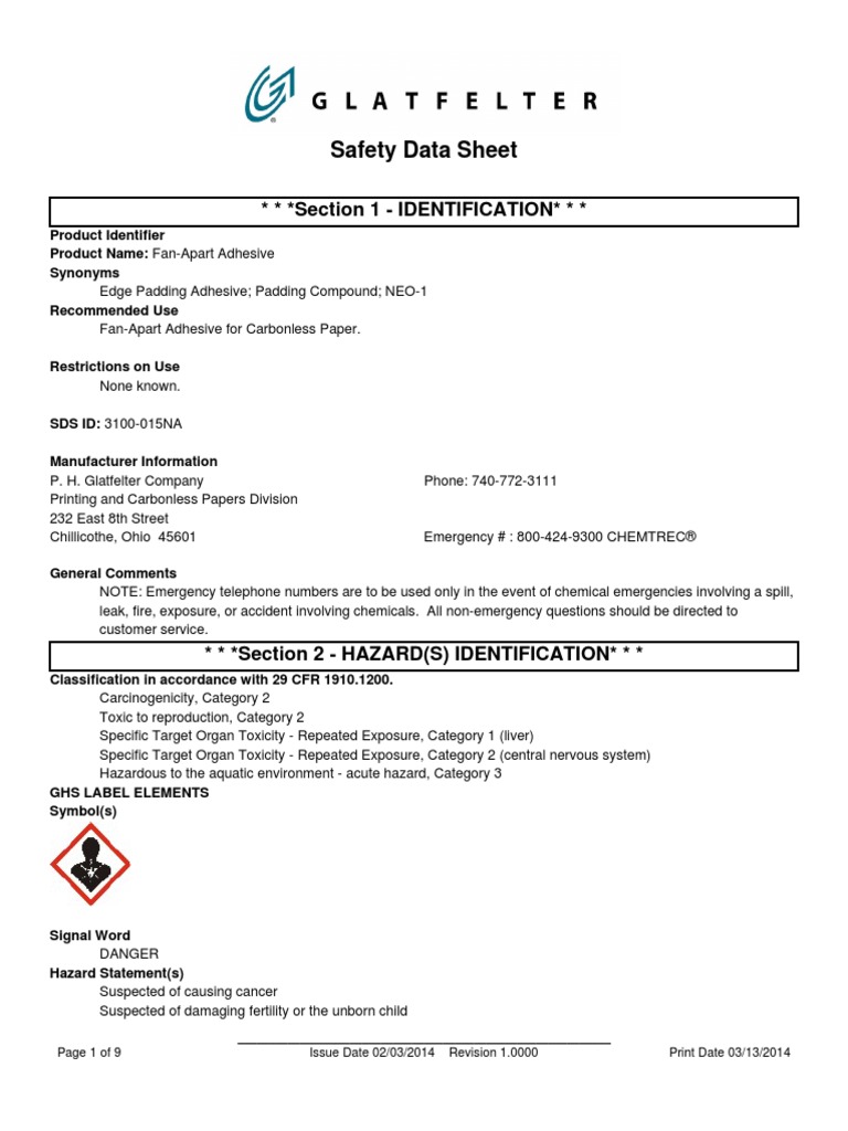 MSDS FanApart Adhesive English | PDF | Firefighting | Dangerous Goods