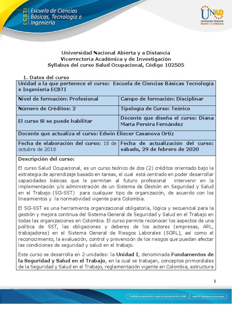 Syllabus Curso Salud Ocupacional UNAD | PDF | Seguridad y salud ...