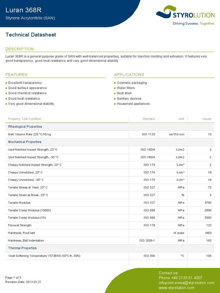 Luran 368R: Technical Datasheet | PDF | Strength Of Materials | Density