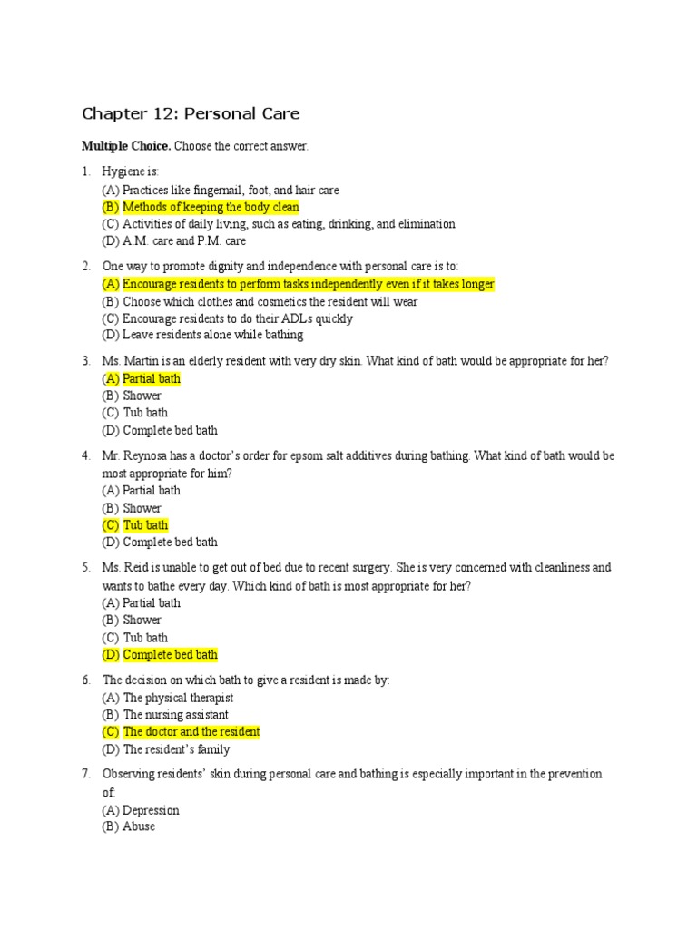 Chapter 12: Personal Care: Multiple Choice | PDF | Oral Hygiene ...
