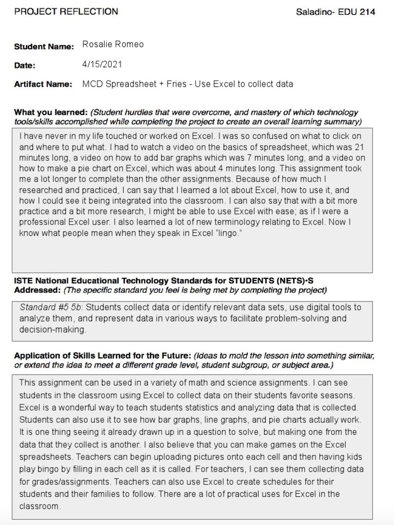 Edu 214 Mcd Spreadsheet Reflection Template Pdf