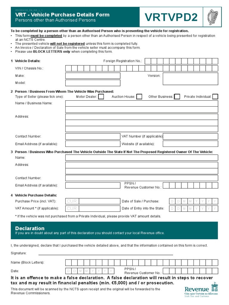 Vrtvpd2: VRT - Vehicle Purchase Details Form | PDF | Value Added Tax ...