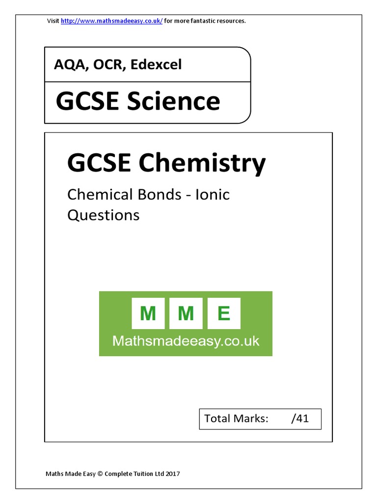 GCSE Chemistry AQA OCR Edexcel. Chemical Bonds Ionic. Questions | PDF ...
