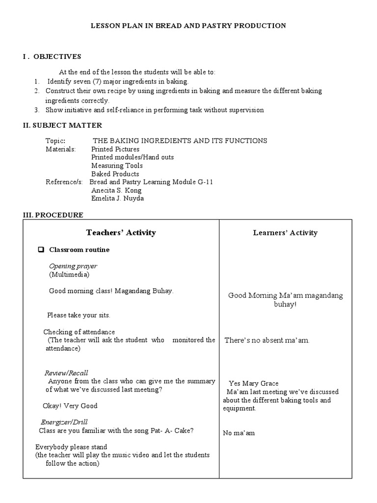 Final LESSON PLAN IN BREAD AND PASTRY PRODUCTION | PDF | Flour | Breads