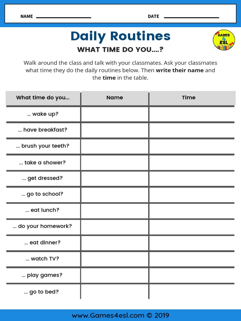Daily Routine Worksheet Complete The Table | PDF | Language Arts ...