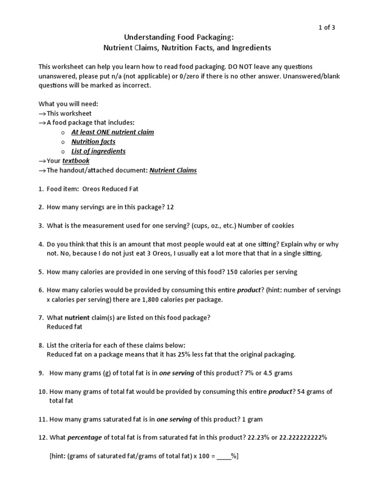 HLTH 1020 Food Packaging Worksheet Nutrient Claims Nutrition Facts and ...