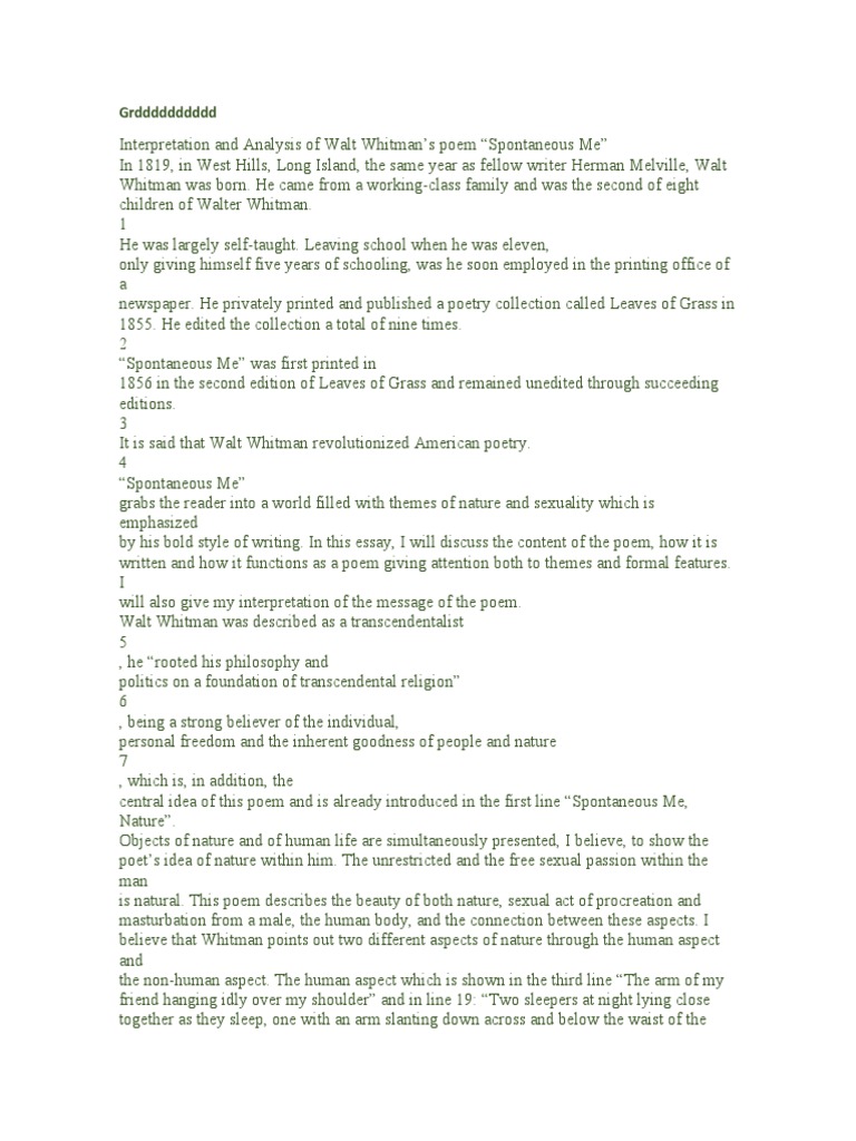 Analysis of Walt Whitman's Poem "Spontaneous Me" | PDF | Leaves Of ...