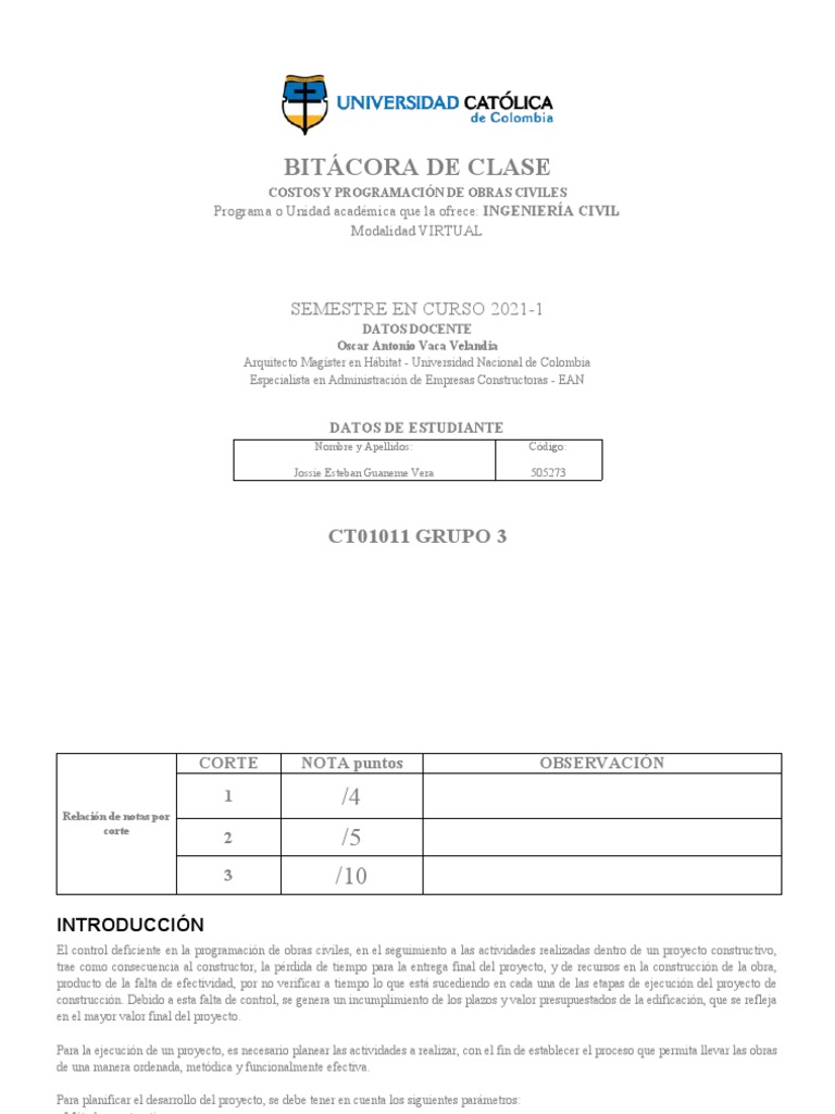 Bitacora Costos y Programacion de Obras Grupo 3 Individual | PDF ...