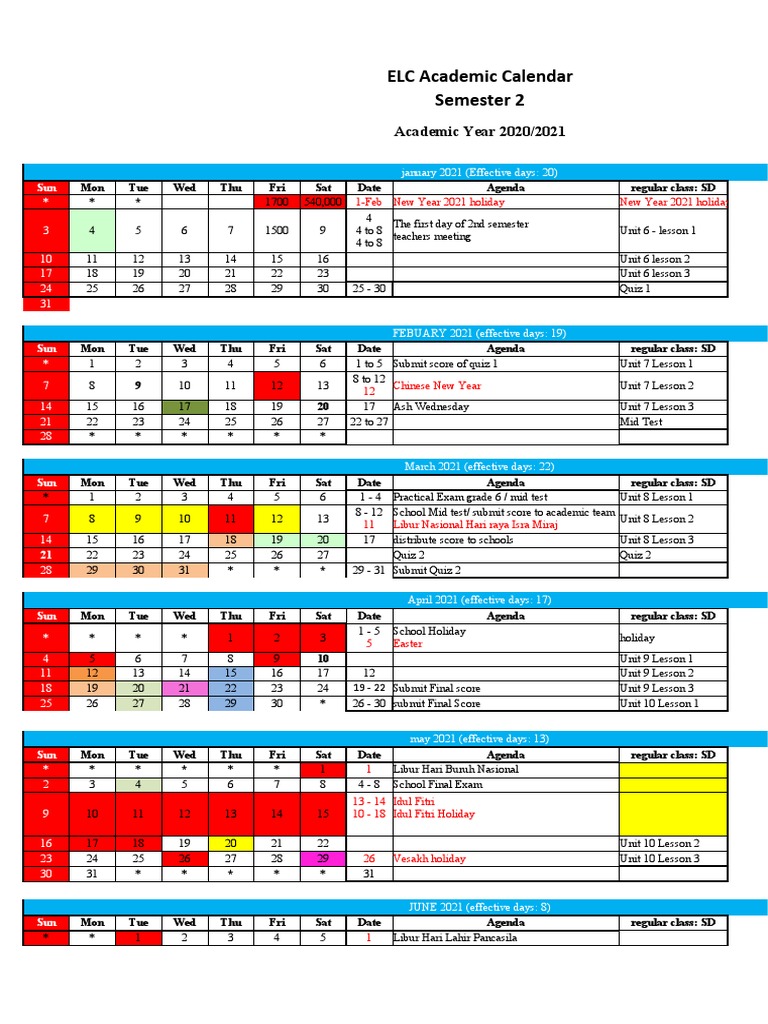 ELC Academic Calendar Semester 2 | Download Free PDF | Public Services ...
