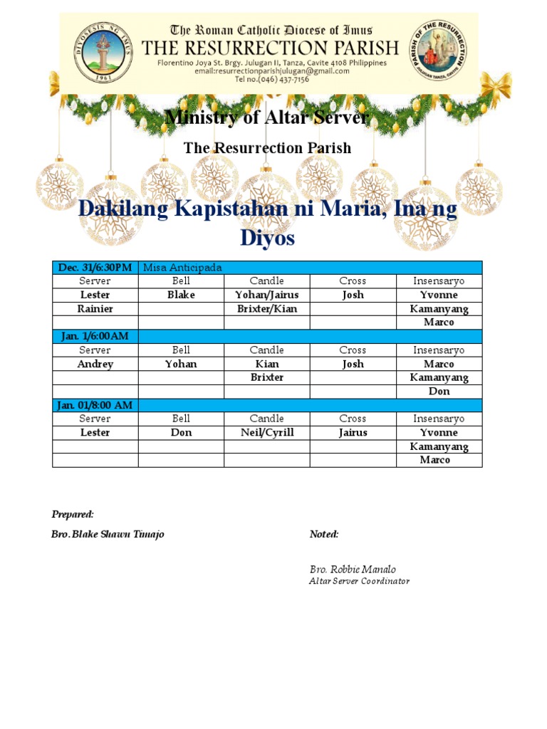 Altar Server Schedule for Mass | PDF