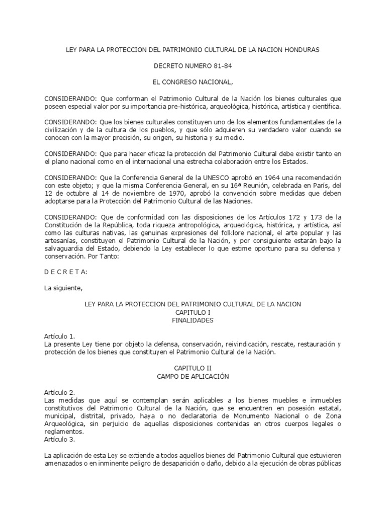 4-Ley para La Protección Del Patrimonio Cultural de La Nación HONDURAS | PDF | Patrimonio ...