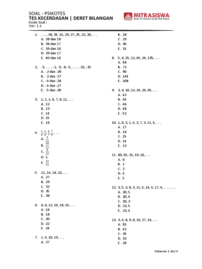 Tes Kecerdasan - Deret Angka (Soal) | PDF