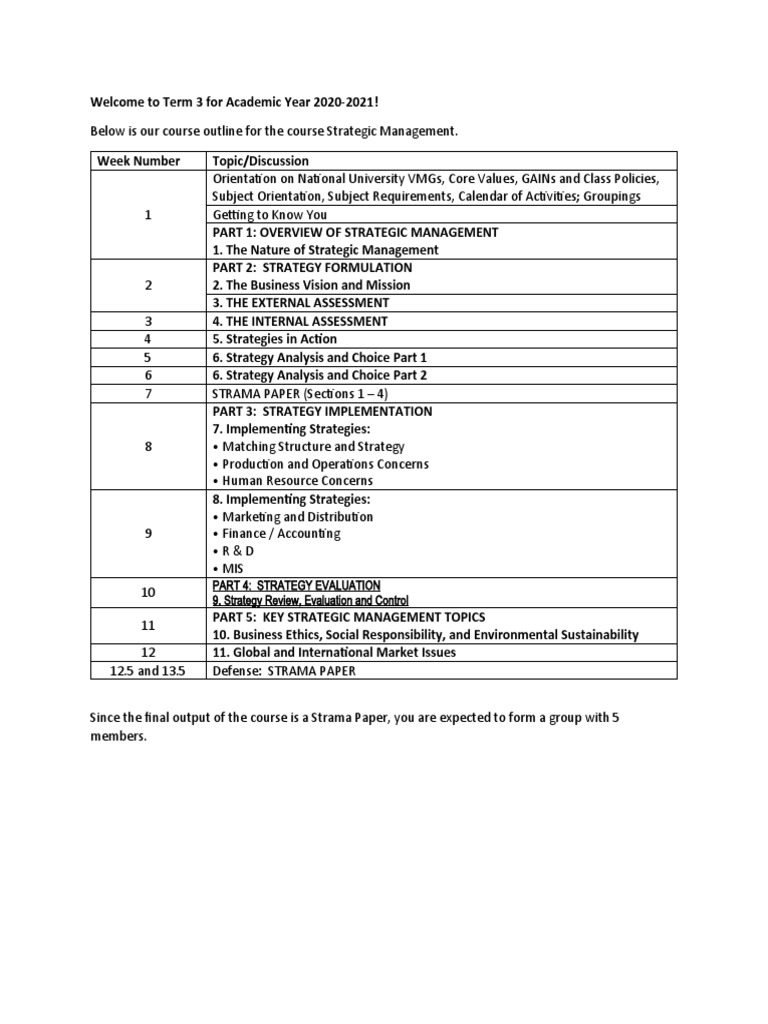 Strategic Management Course Outline | PDF