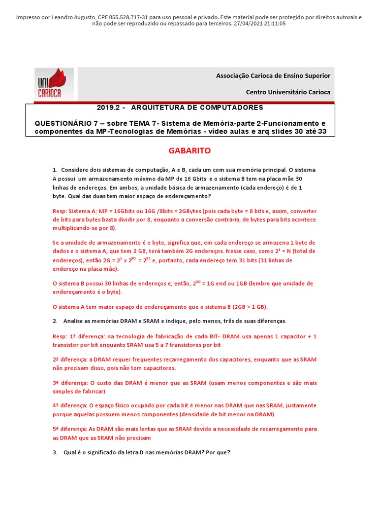 GABARITO-ARQ COMP-Questionario 7-TEMA Gabarito | PDF | Memória de acesso aleatório dinâmico ...