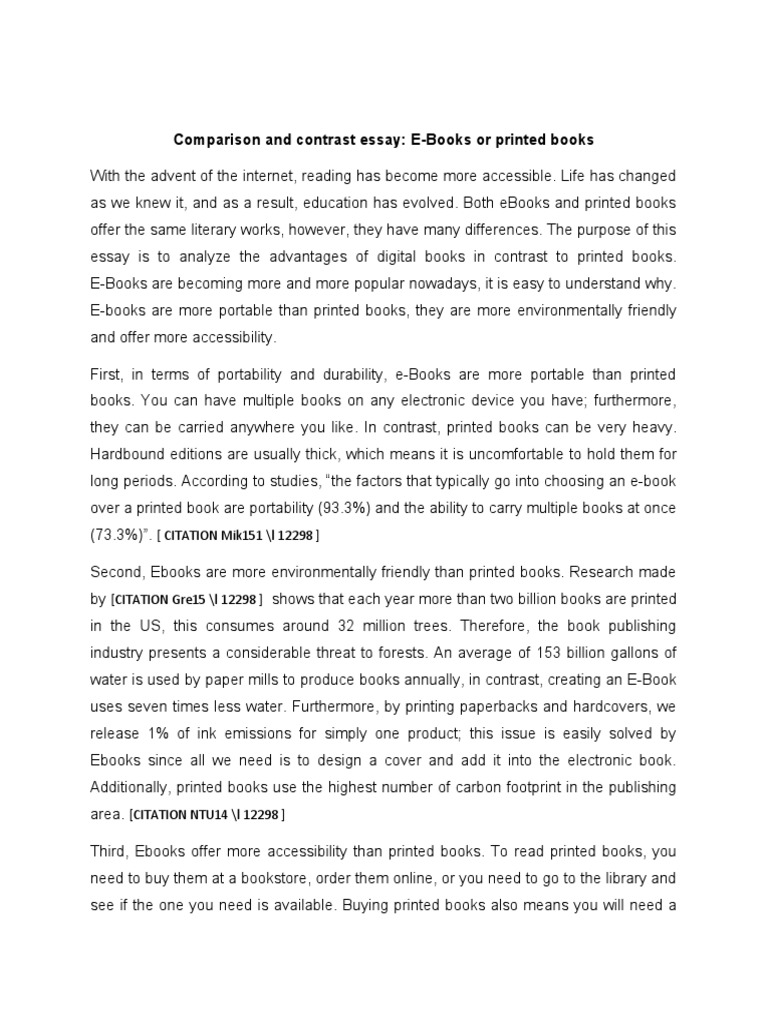 Comparison and Contrast Essay: E-Books or Printed Books: (CITATION ...