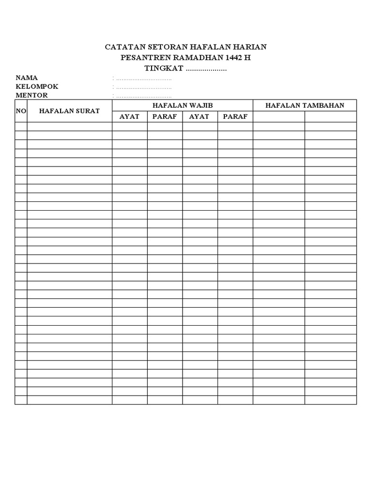Catatan Setoran Hafalan Harian | PDF