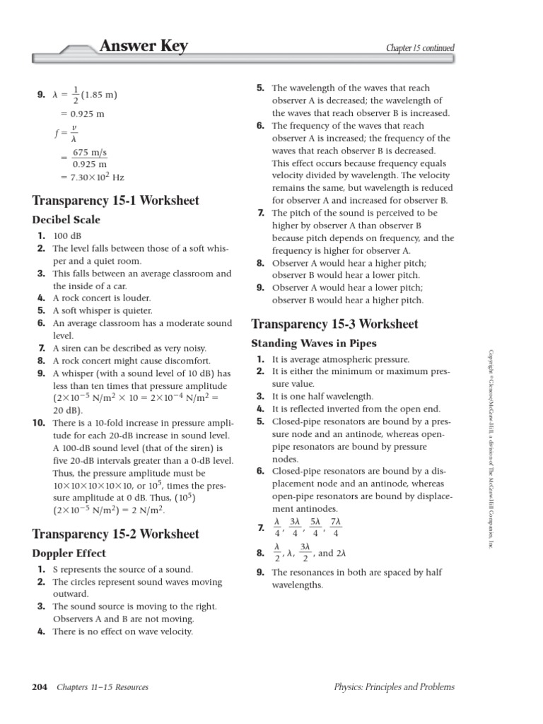 Answer Key: Transparency 15-1 Worksheet | PDF | Pitch (Music) | Waves