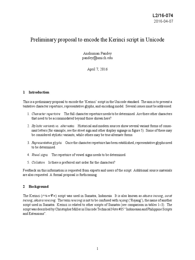 Preliminary Proposal To Encode The Kerinci Script in Unicode | PDF | Character Encoding | Encodings