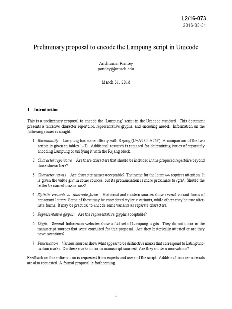Preliminary Proposal To Encode The Lampung Script in Unicode | PDF | Notation | Encodings